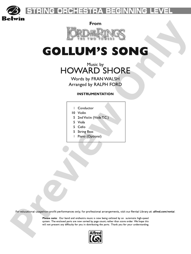 Gollum's Song (from The Lord of the Rings: The Two Towers): Score ...