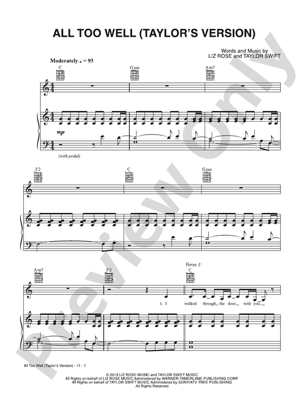 All Too Well (Taylor's Version): Piano/Vocal/Guitar: Taylor Swift ...