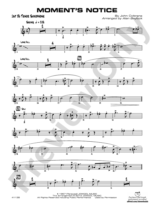 Moment's Notice: B-flat Tenor Saxophone: B-flat Tenor Saxophone Part - Digital Sheet Music Download