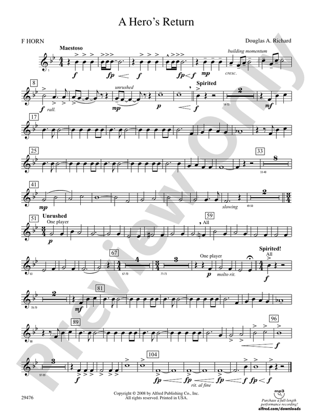 A Hero's Return: 1st F Horn: 1st F Horn Part - Digital Sheet Music Download