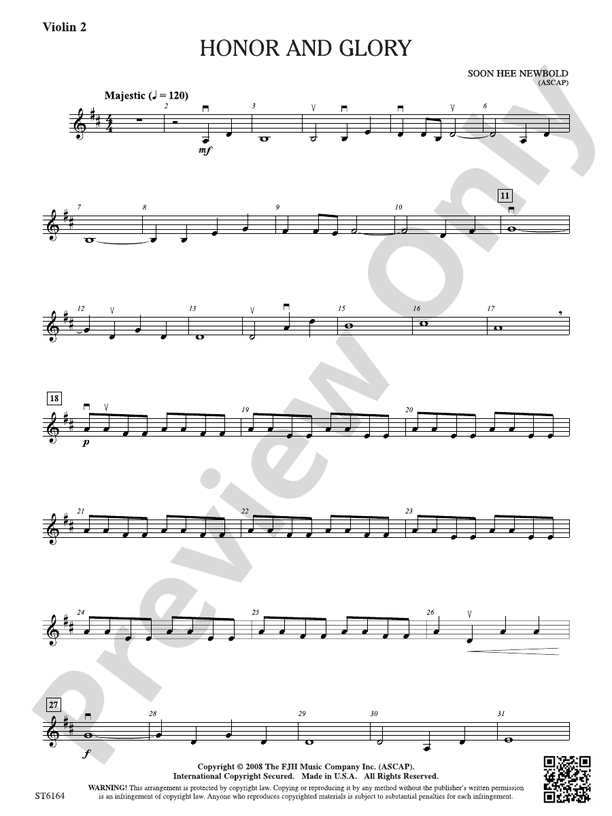 Honor and Glory: Violin 2: Violin 2 Part: Soon Hee Newbold - Digital Sheet Music Download
