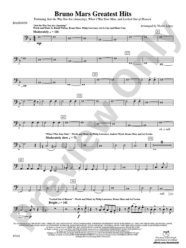 Bruno Mars Greatest Hits: Bassoon: Bassoon Part - Digital Sheet Music ...