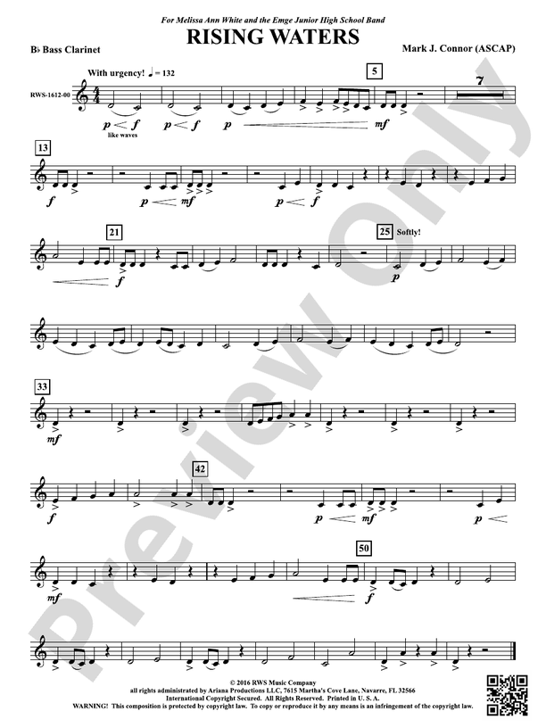 Rising Waters: B-flat Bass Clarinet: B-flat Bass Clarinet Part: Mark J ...