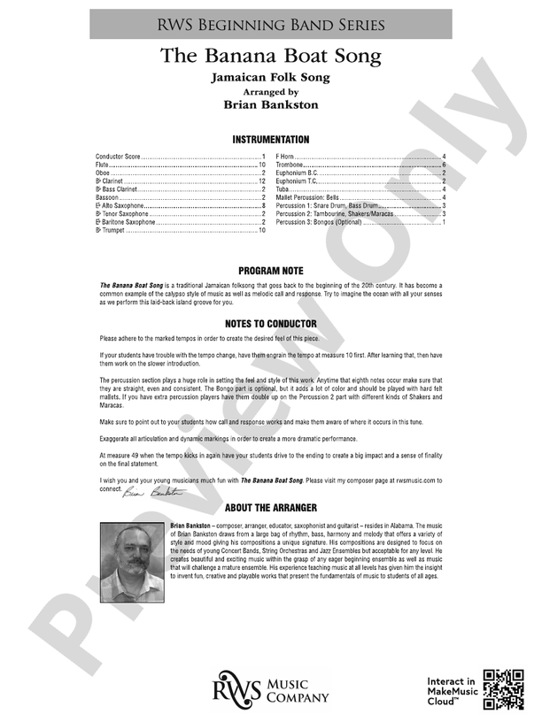 The Banana Boat Song: Score: Concert Band Score - Digital Sheet Music ...