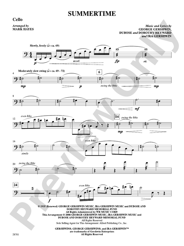 Summertime (from the musical Porgy and Bess): Cello: Cello Part ...