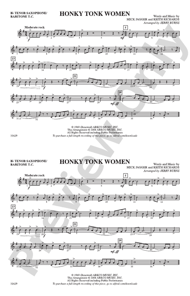 Honky Tonk Women: Bb Tenor Saxophone/Bartione Treble Clef: Bb Tenor ...