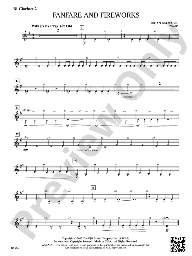 Fanfare and Fireworks: B-flat Clarinet 2: B-flat Clarinet 2 Part: Brian ...