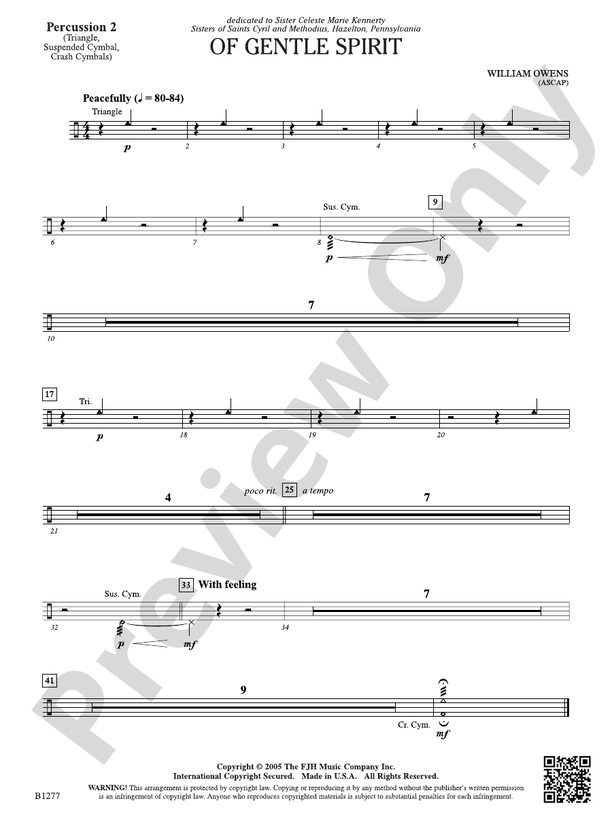 Of Gentle Spirit: Percussion 2: Percussion 2 Part: William Owens - Digital Sheet Music Download
