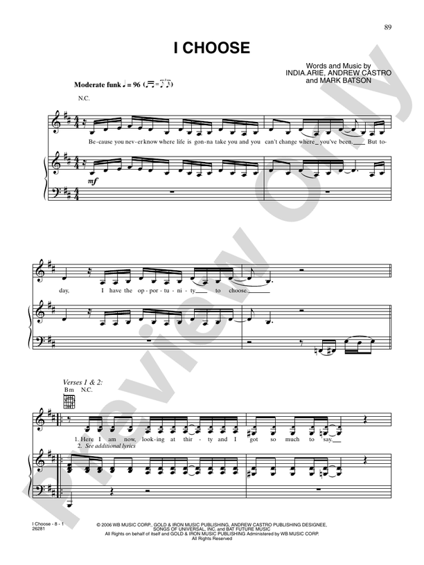 I Choose: Piano/Vocal/Chords: India Arie - Digital Sheet Music Download