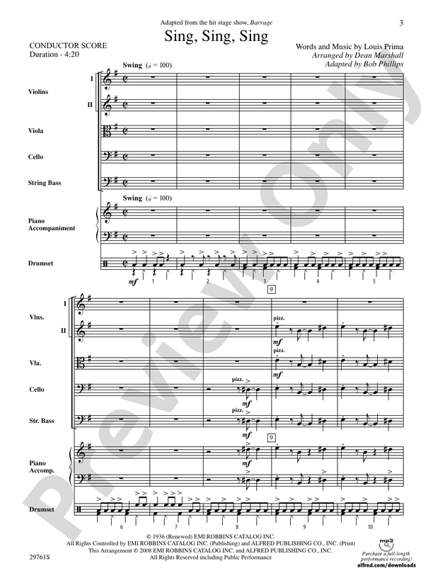 Sing, Sing, Sing (adapted from the stage show Barrage): String Orchestra Conductor Score & Parts ...