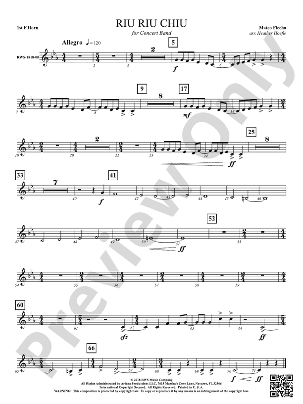 Riu Riu Chiu: 1st F Horn: 1st F Horn Part - Digital Sheet Music Download