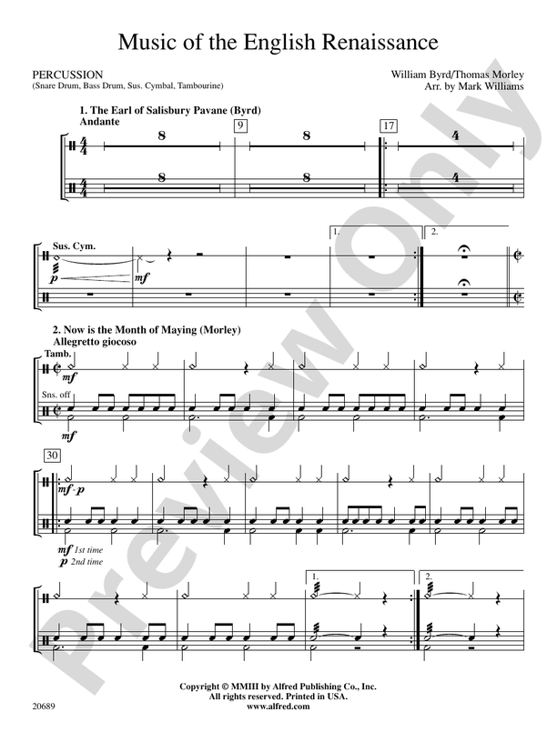 Music of the English Renaissance: 1st Percussion: 1st Percussion Part ...