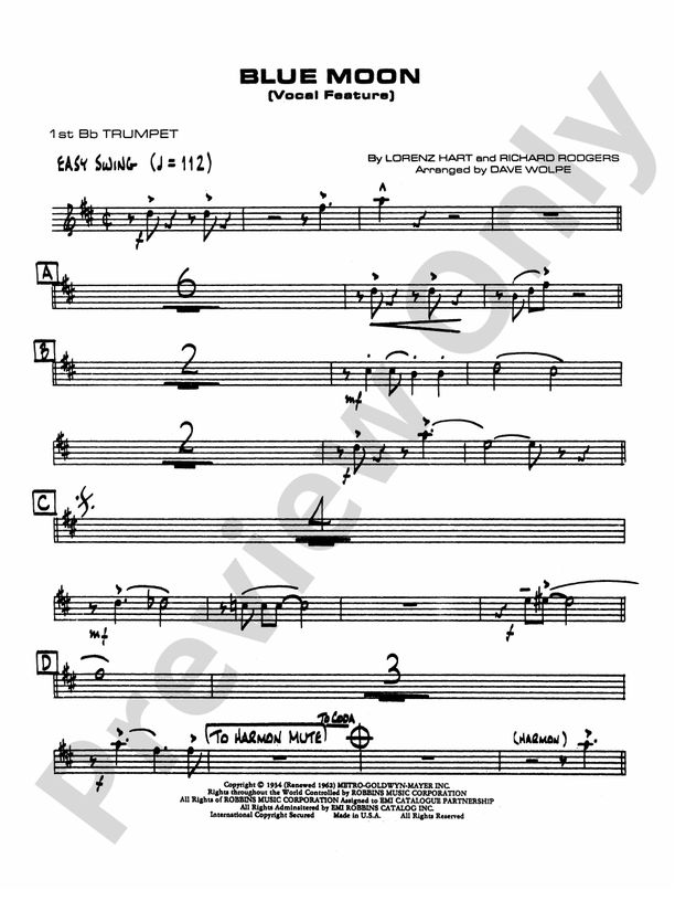 Blue Moon: 1st B-flat Trumpet: 1st B-flat Trumpet Part - Digital Sheet ...