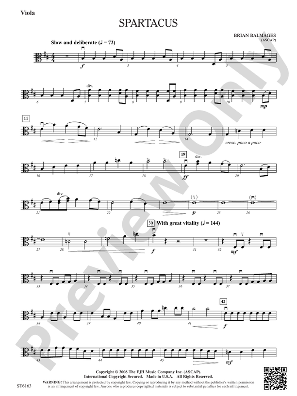 Spartacus: Viola: Viola Part: Brian Balmages - Digital Sheet Music Download