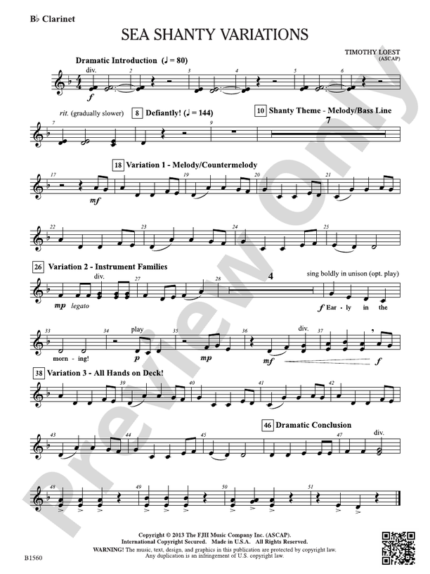 Sea Shanty Variations: B-flat Clarinet: B-flat Clarinet Part: Timothy ...