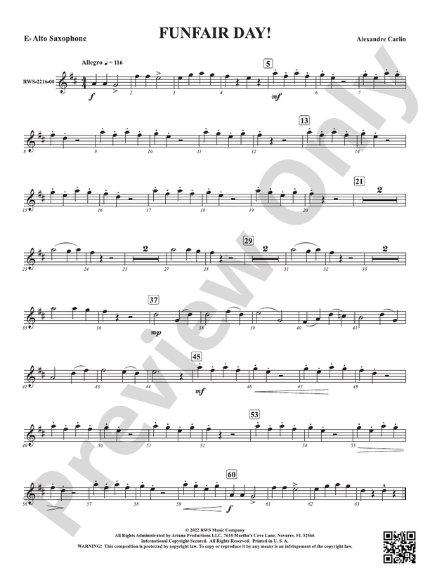 Funfair Day!: 1st E-flat Alto Saxophone: 1st E-flat Alto Saxophone Part: Alexandre Carlin ...