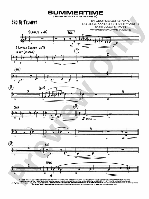 Summertime: 3rd B-flat Trumpet: 3rd B-flat Trumpet Part - Digital Sheet Music Download