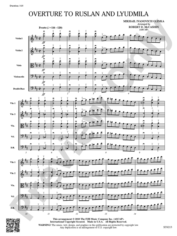 Overture to Ruslan and Lyudmila: Score: String Orchestra Score: Mikhail Ivanovich Glinka ...