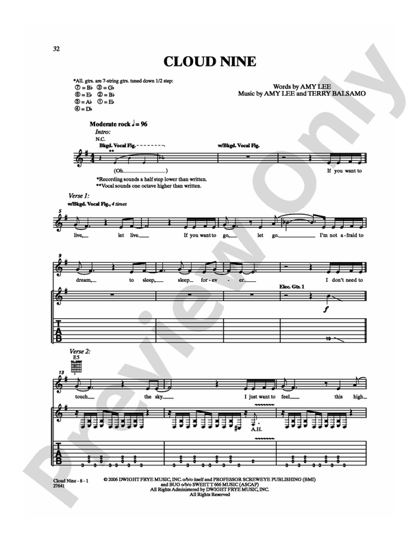 Cloud Nine: Guitar TAB: Evanescence - Digital Sheet Music Download