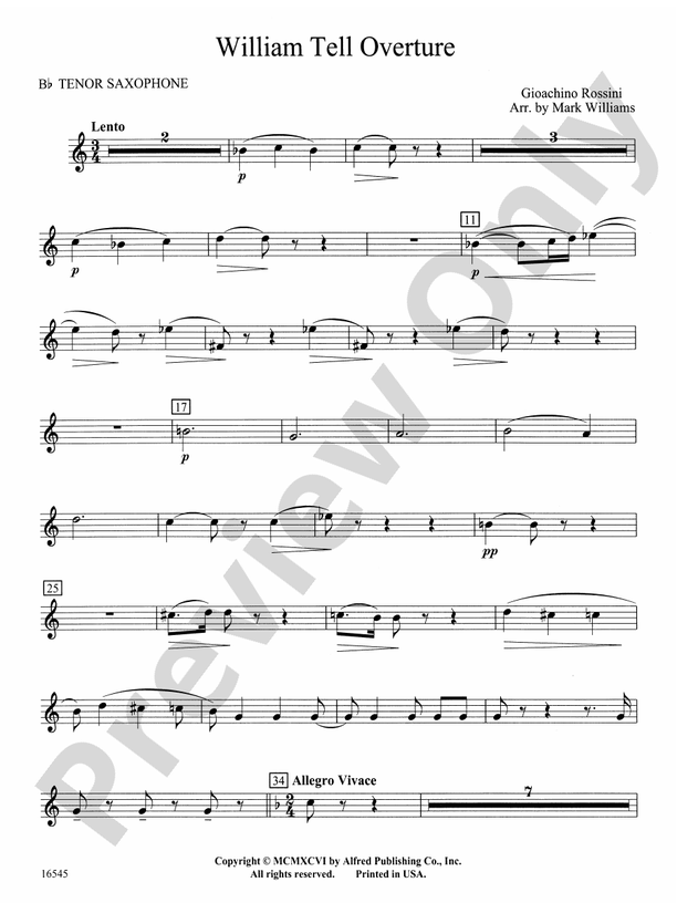 William Tell Overture: B-flat Tenor Saxophone: B-flat Tenor Saxophone Part - Digital Sheet Music ...
