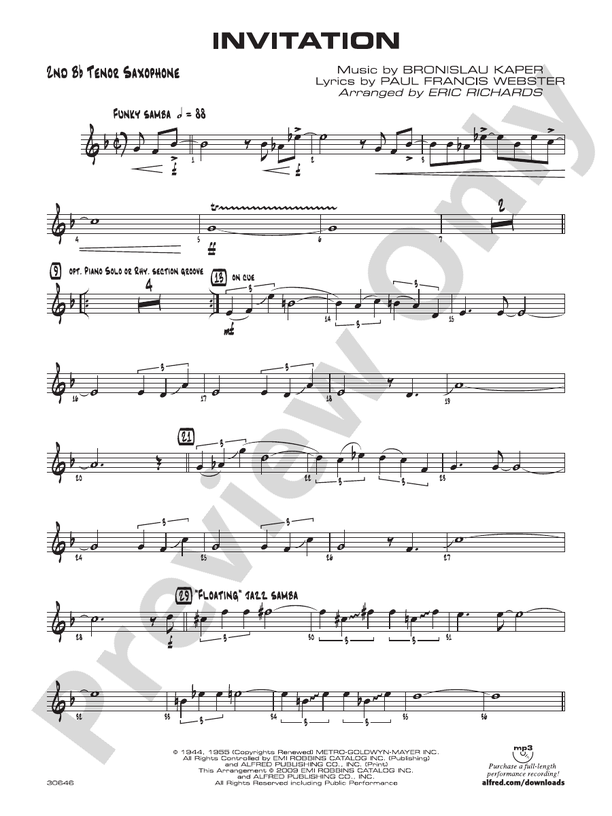 Invitation: 2nd B-flat Tenor Saxophone: 2nd B-flat Tenor Saxophone Part - Digital Sheet Music ...