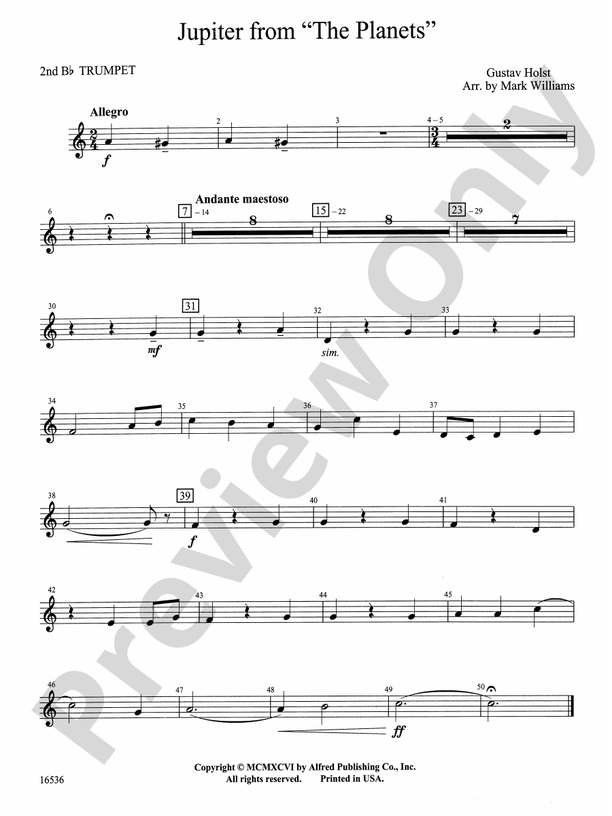 Jupiter from "The Planets": 2nd B-flat Trumpet: 2nd B-flat Trumpet Part - Digital Sheet Music ...