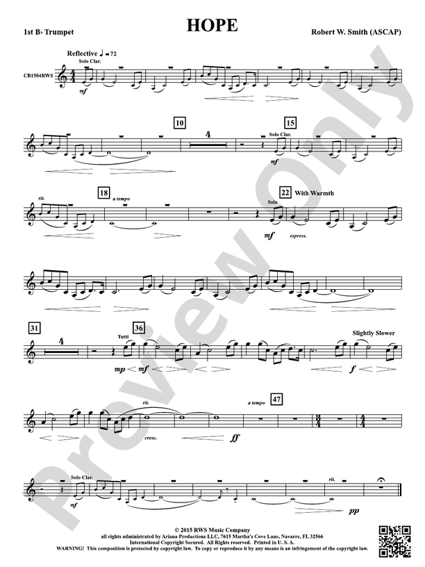 Hope: 1st B-flat Trumpet: 1st B-flat Trumpet Part: Robert W. Smith ...