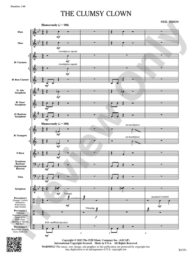 The Clumsy Clown: Score: Concert Band Score: Neil Simon - Digital Sheet Music Download