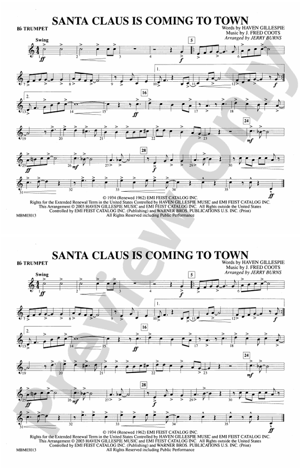 Santa Claus Is Coming to Town: 1st B-flat Trumpet: 1st B-flat Trumpet Part - Digital Sheet Music ...