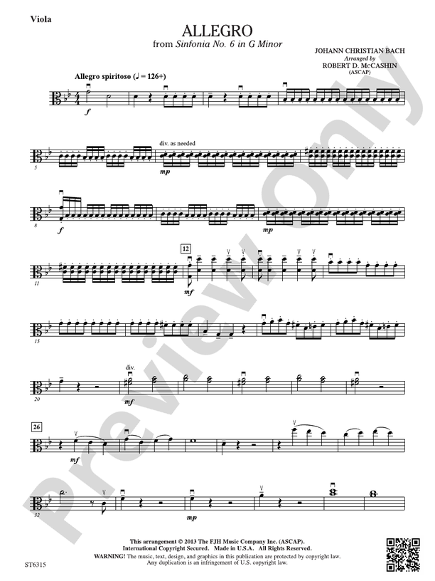 Allegro from Sinfonia No. 6: Viola: Viola Part: Johann Christian Bach ...