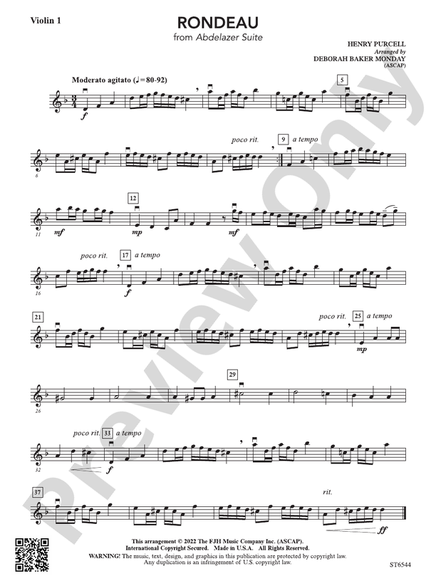 Rondeau (from Abdelazer Suite): Violin 1: Violin 1 Part: Henry Purcell ...