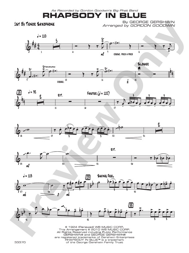 Rhapsody in Blue: B-flat Tenor Saxophone: B-flat Tenor Saxophone Part ...