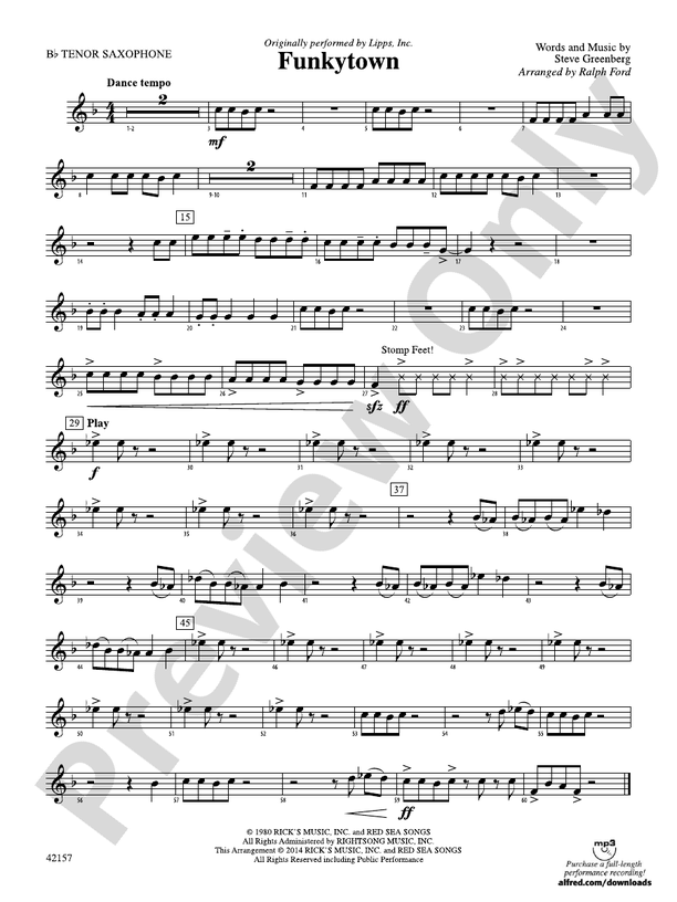 Funkytown: B-flat Tenor Saxophone: B-flat Tenor Saxophone Part - Digital Sheet Music Download