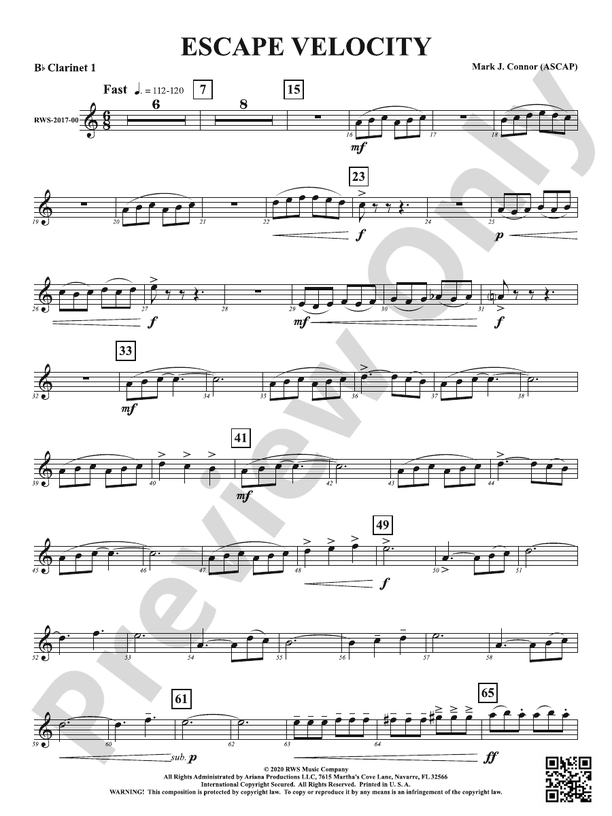 Escape Velocity: 1st B-flat Clarinet: 1st B-flat Clarinet Part: Mark J. Connor - Digital Sheet ...