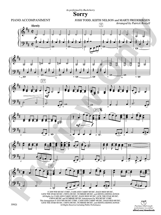 Sorry: Piano Accompaniment: Piano Accompaniment Part - Digital Sheet ...