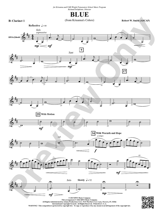 Blue - From Krisanna's Colors: 1st B-flat Clarinet: 1st B-flat Clarinet Part: Robert W. Smith ...