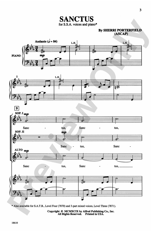 Sanctus: SSA Choral Octavo: Sherri Porterfield - Digital Sheet Music Download