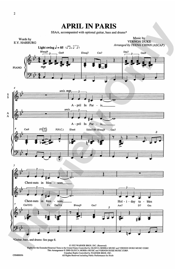 April in Paris: SSAA Choral Octavo: Vernon Duke - Digital Sheet Music ...