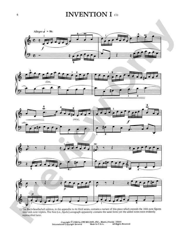Bach: Two-Part Inventions (Ed. Hans Bischoff): Invention I Part ...