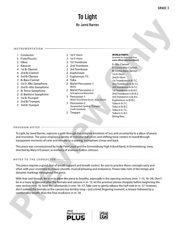To Light: Score: Concert Band Score - Digital Sheet Music Download