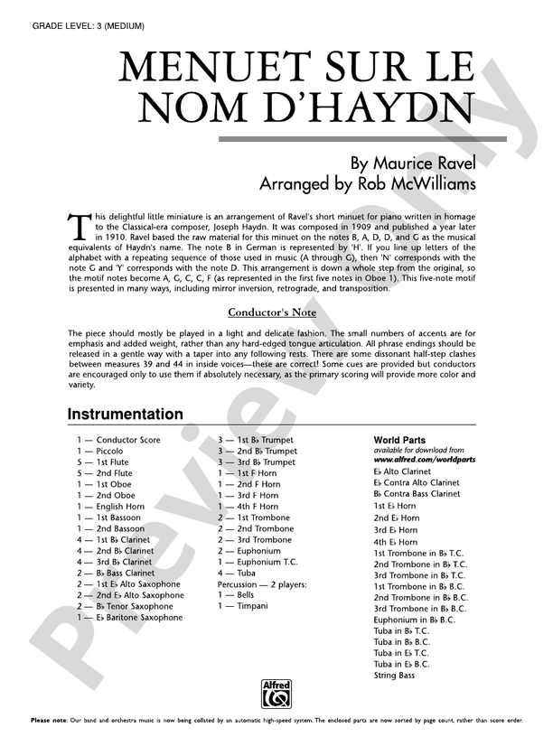 Menuet sur le nom d'Haydn: Concert Band Conductor Score & Parts ...