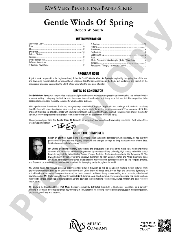 Gentle Winds of Spring: Score: Concert Band Score: Robert W. Smith ...