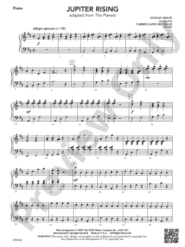 Jupiter Rising (Adapted from The Planets): Piano: Piano Part: Gustav ...