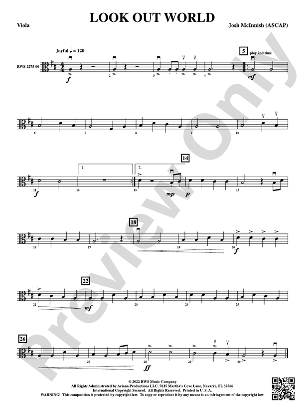 Look Out World: Viola: Viola Part: Josh McInnish - Digital Sheet Music Download