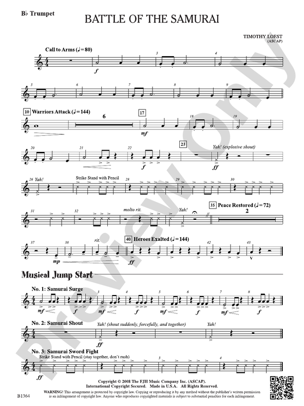 Battle of the Samurai: B-flat Trumpet: B-flat Trumpet Part: Timothy Loest - Digital Sheet Music ...