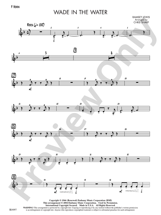 Wade in the Water: F Horn: F Horn Part: Ramsey Lewis - Digital Sheet ...
