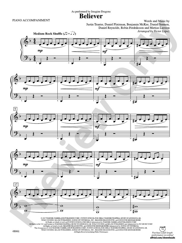Believer: Piano Accompaniment: Piano Accompaniment Part - Digital Sheet ...