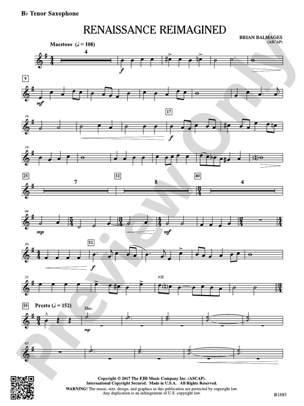 Renaissance Reimagined: B-flat Tenor Saxophone: B-flat Tenor Saxophone Part: Brian Balmages ...