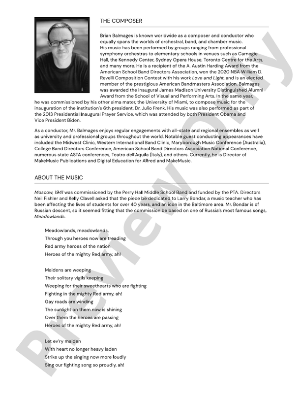 Moscow, 1941: Score: Concert Band Score - Digital Sheet Music Download