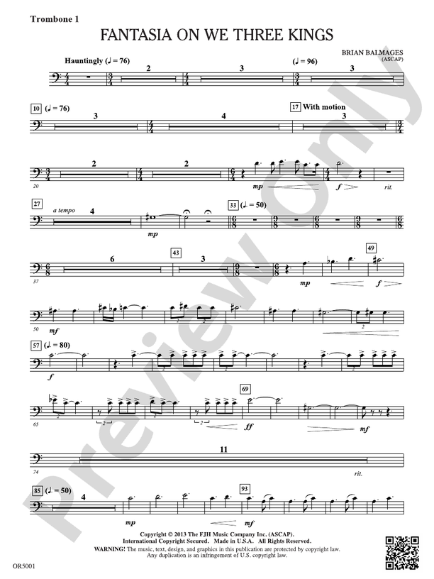 Fantasia on We Three Kings: Trombone 1: Trombone 1 Part: Brian Balmages ...